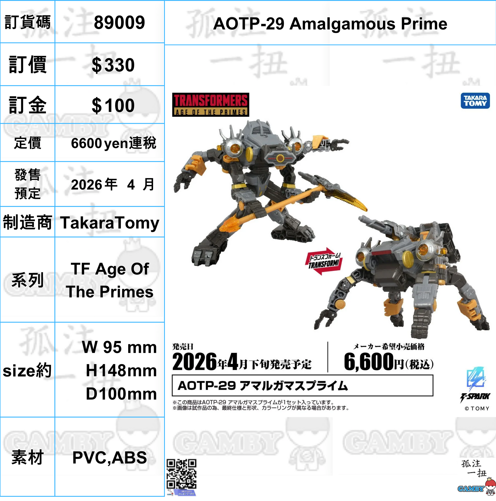 訂貨碼:89009 #(免手續費)AOTP-29 Amalgamous Prime=TF Age Of The – 孤注一扭