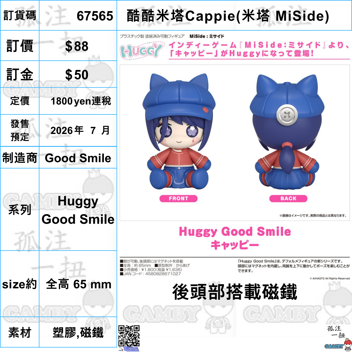 訂貨碼:67565 #(免手續費)酷酷米塔Cappie (米塔 MiSide)=Huggy Good Smile – 孤注一扭